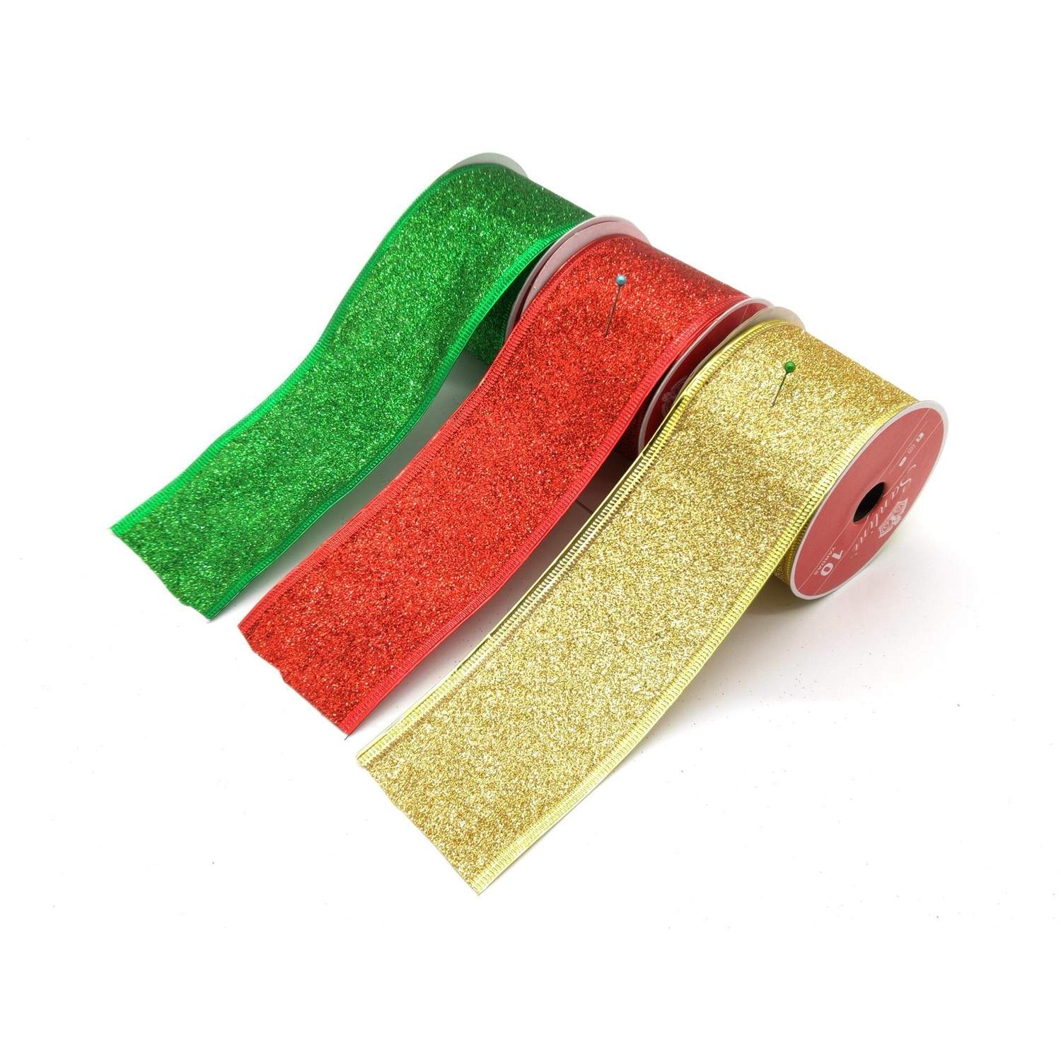 LISTÓN NAVIDAD 6 cm x 8.2 m VERDE-ROJO-DORADO SURTIDO CON BRILLO